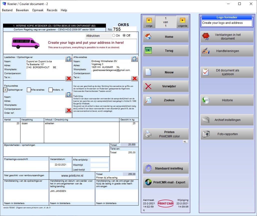 Courier consignment note OKRS - PrintCMR for your bill of lading