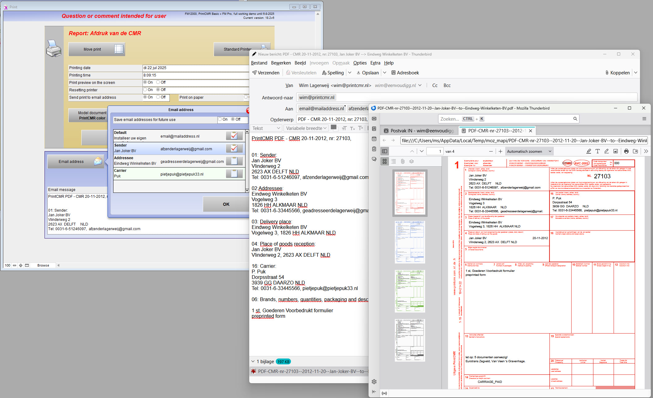 PrintCMR 带有 PDF 的自动电子邮件
